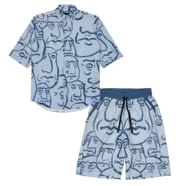 MYSIMPLICATED Short Sleeve Shirt And Bermuda Set With Faces Print - Blue