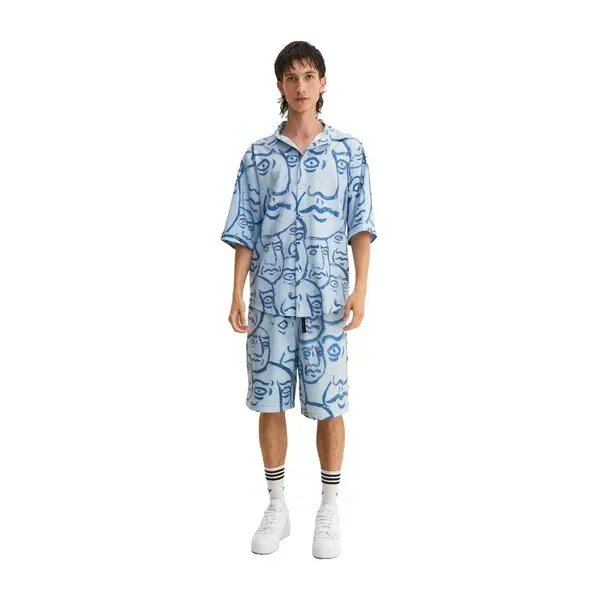 MYSIMPLICATED Short Sleeve Shirt And Bermuda Set With Faces Design - Blue