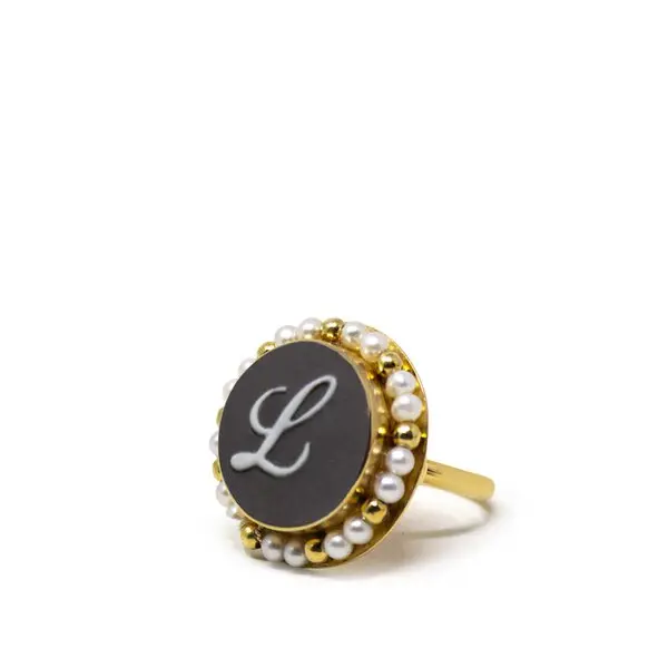 VINTOUCH ITALY Initial L Cameo Pearl Ring - Gold/black
