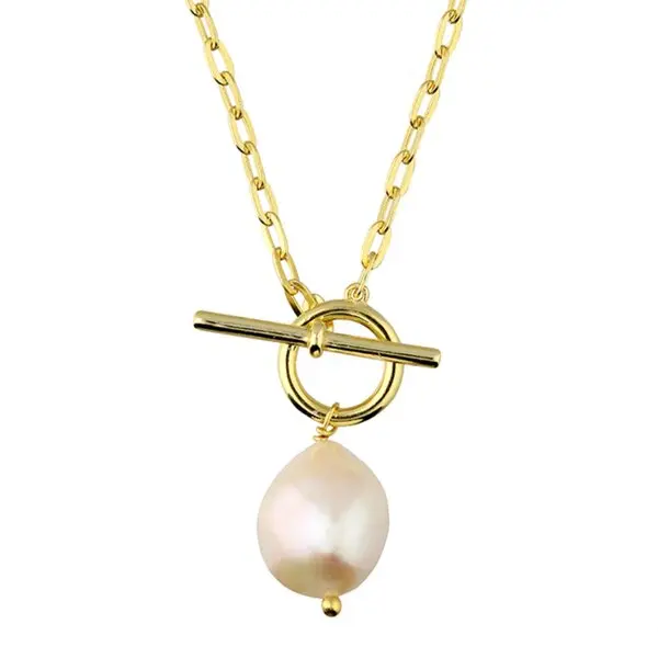 HARFI Plated Pearl T-bar Necklace - Gold