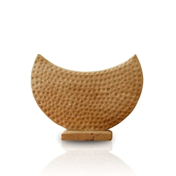 MARLETH Neutrals / Crescent Travertine Sculpture For Interior Display, Beige Stone & Textured Form - Brown