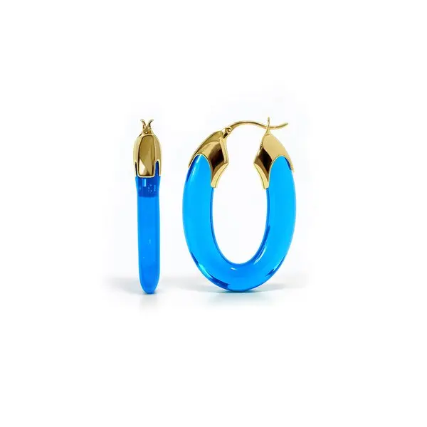 GOLD & HONEY Carved Oval Lucite Hoop Earrings With Blue Topaz - Gold/blue