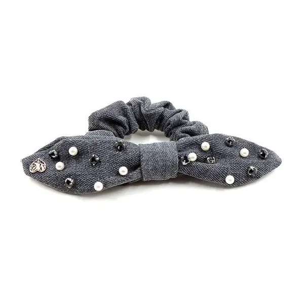 MISS CICCONI Vivienne Denim Scrunchie With Pearls And Crystals - Grey/black