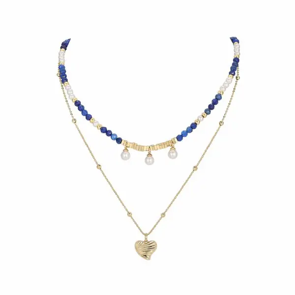 RETRO CHIC Layered Poseidon Necklace With Lapis Lazuli, Pearls, And Gold Pendant - Blue/white/gold