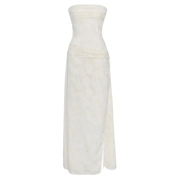MISS CIRCLE NEW YORK Jacquard Textured Strapless Maxi Dress With Slit - White