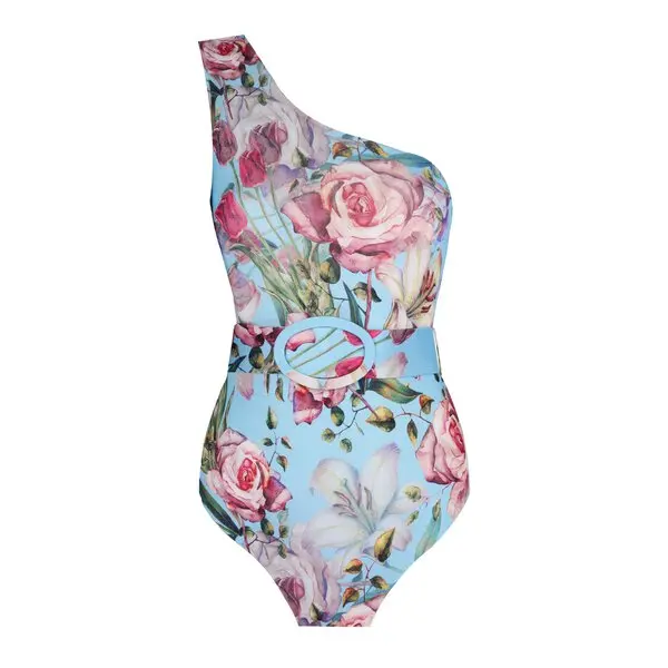 NUR KARAATA Floral Print One-shoulder Swimsuit - Blue