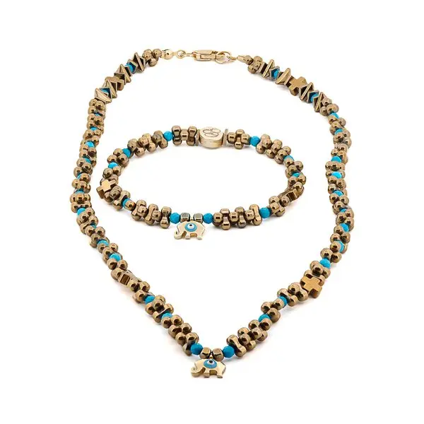 EBRU JEWELRY Hematite Stone Necklace And Bracelet Set With Elephant Pendant - Gold/blue
