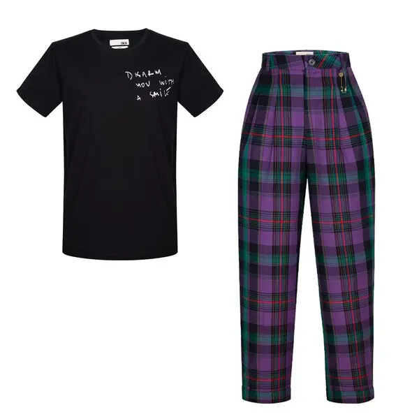 COME ON Graphic T-shirt And Pleated Trouser Outfit - Black/purple
