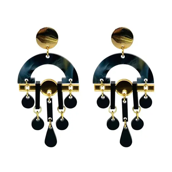 TOOLALLY Black Swirl & Gold Fan Chandelier Earrings - Black/gold