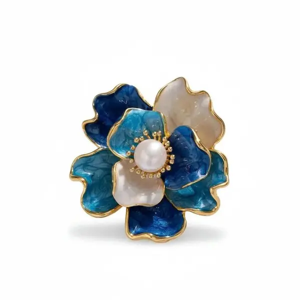 ANGEL BAROCCO Enamel Peony Freshwater Pearl Brooch - Blue