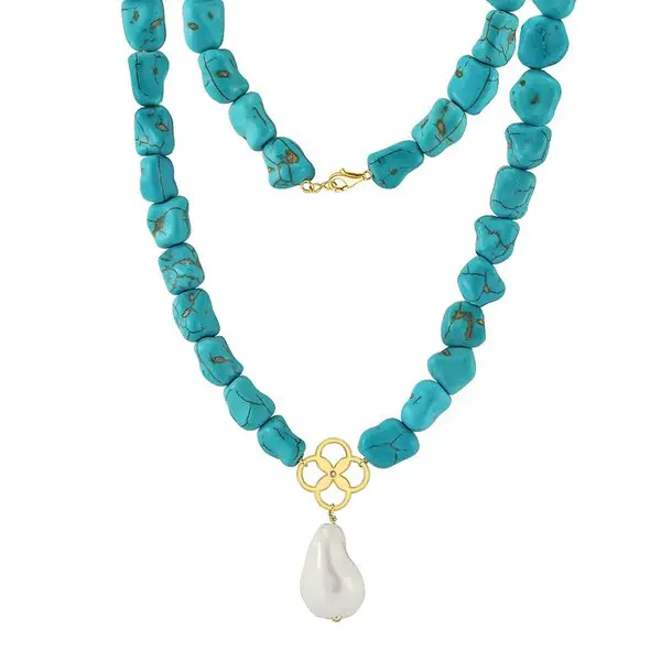 SHADED THE LABEL Olyssa Turquoise & Pearl Droplet Necklace - Blue/gold