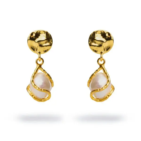 EBRU JEWELRY Crinkle Stud Pearl Drop Earrings - Gold/white