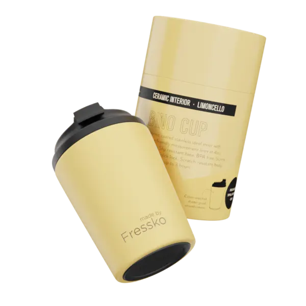 FRESSKO Bino 8oz / 227ml Reusable Coffee Cup, Ceramic Limoncello - Yellow