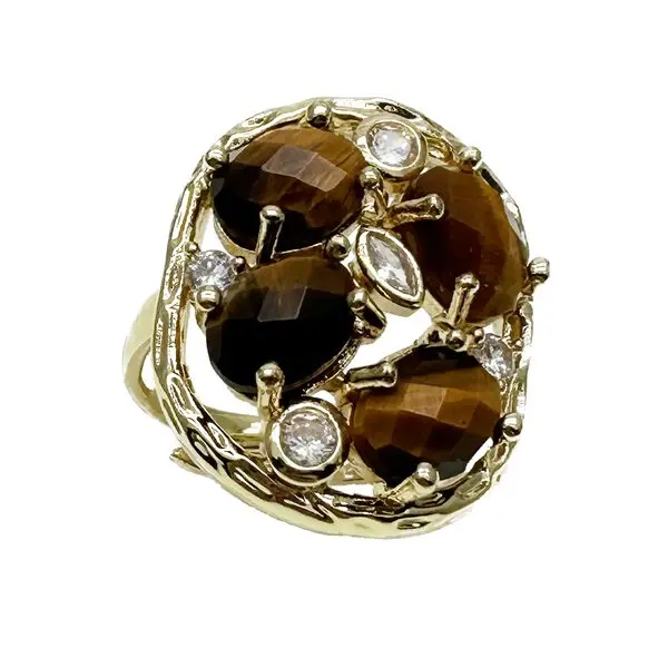 FARRA Tiger Eye Stones Setting Statement Ring - Brown