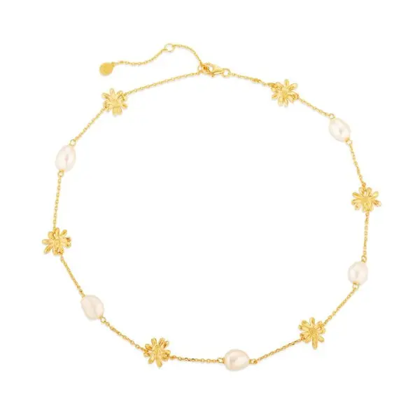 LULU B LONDON Daisy Flower & Pearl Gold Chain Necklace - White
