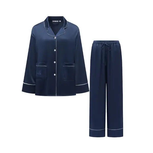 Not Just Pajama Timeless Collection Silk Long Pajama Set Navy - Blue