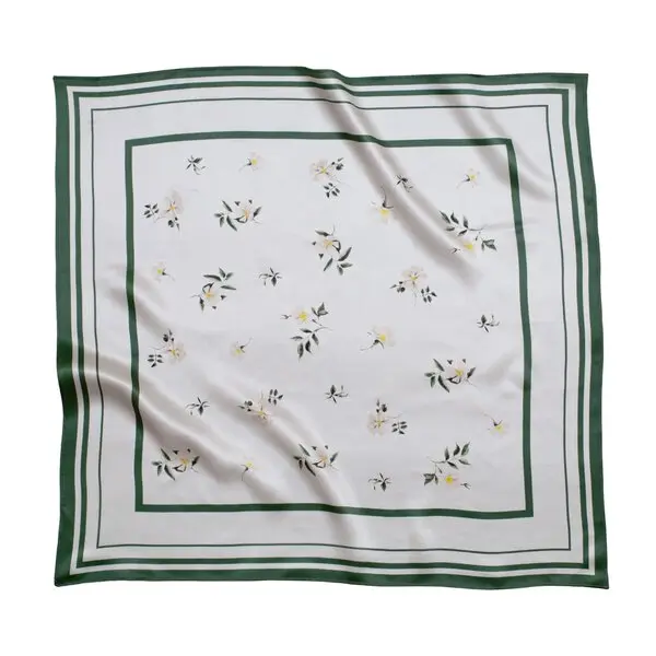 RAINSISTERS White / Green Small Beige Floral Print Natural Silk Scarf - White/green