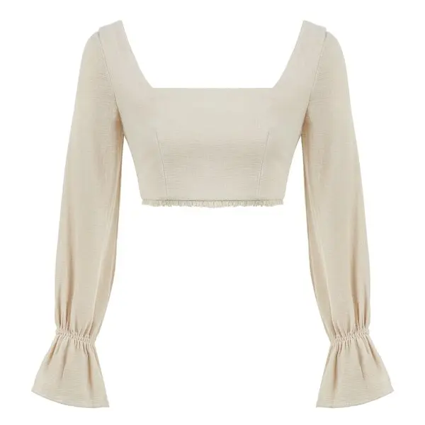 LILAMIE Venice Square Neck Long Sleeve Beach Bustier Top - Beige