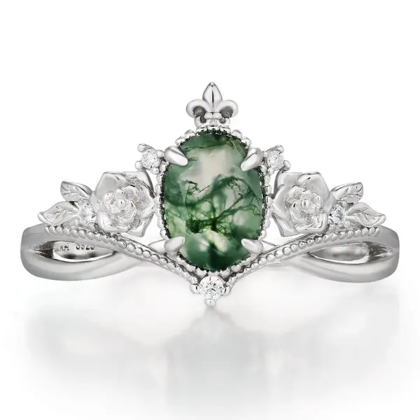 AZURA JEWELRY NEW YORK Moss Agate Ring In White Gold Vermeil - Green/silver