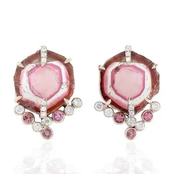 ARTISAN Watermelon Tourmaline, Pink Tourmaline And Diamond Stud Earrings - Pink/yellow