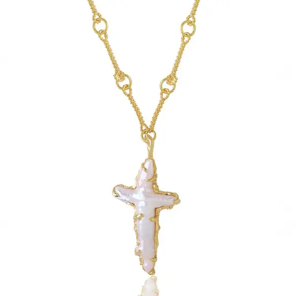 ECE LONDON Tethys Baroque Pearl Cross Pendant Necklace - White/gold