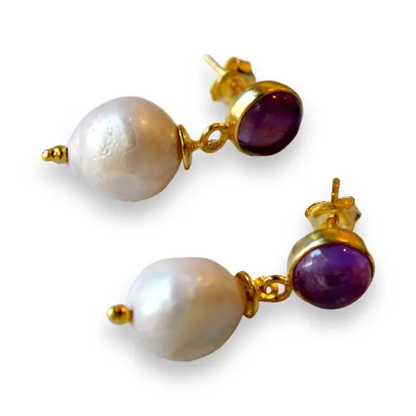 1610ISTANBUL Byzantine Amethyst And Pearl Earrings - Gold