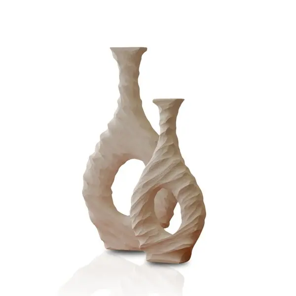MARLETH Set Of Two Limra Stone Sculptural Vases – Hand Carved Limestone Decor - White