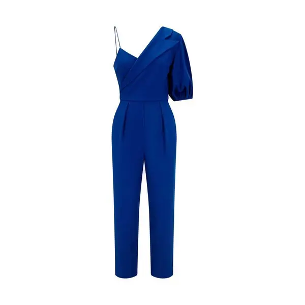 FEMPONIQ Peak Lapel Puff Sleeve Crepe Jumpsuit - Blue