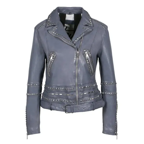 FREAKY NATION Leather Biker Jacket With Studs - Grey