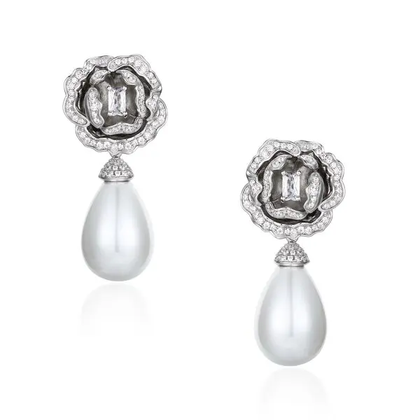 SANTINNI Countess Flower & Pearl Drop Earrings - Silver