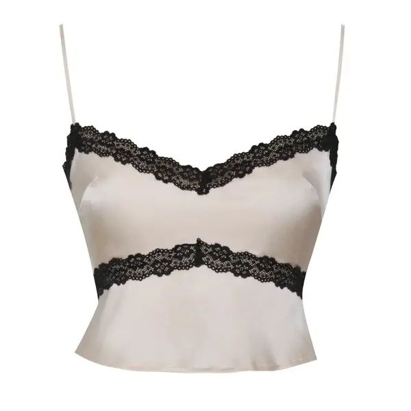 MISS CIRCLE NEW YORK Lace Trim Satin Strappy Top - Beige
