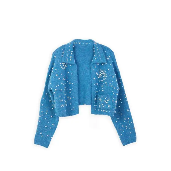 Saachi Pearl Collared Open Cardigan - Blue