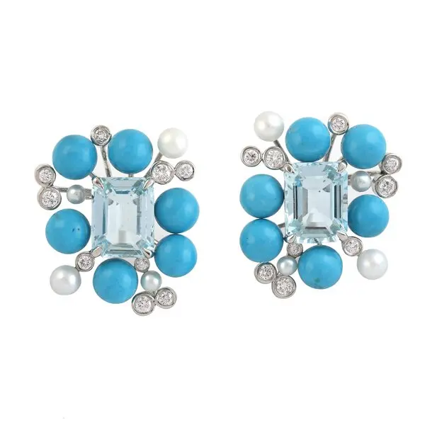 ARTISAN 14k White Gold Aquamarine, Turquoise, Pearl, And Diamond Stud Earrings - White/blue