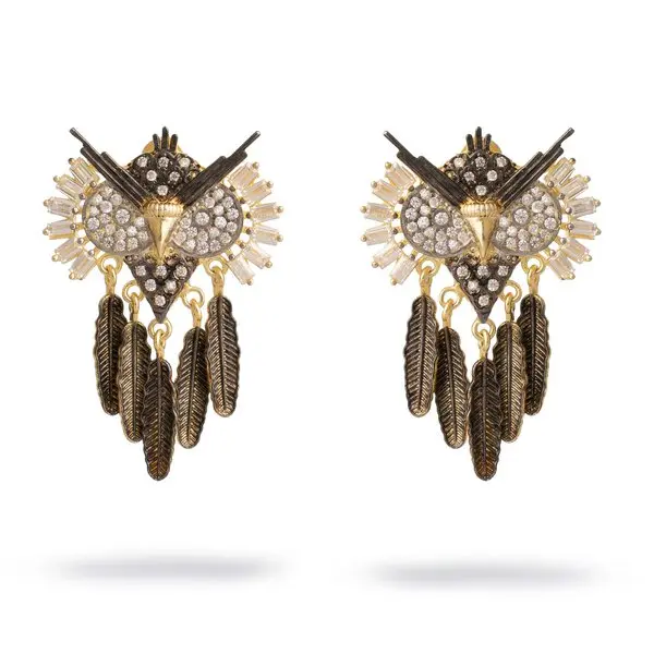 EBRU JEWELRY Midnight Owl Feather Dangle Earrings - White/silver