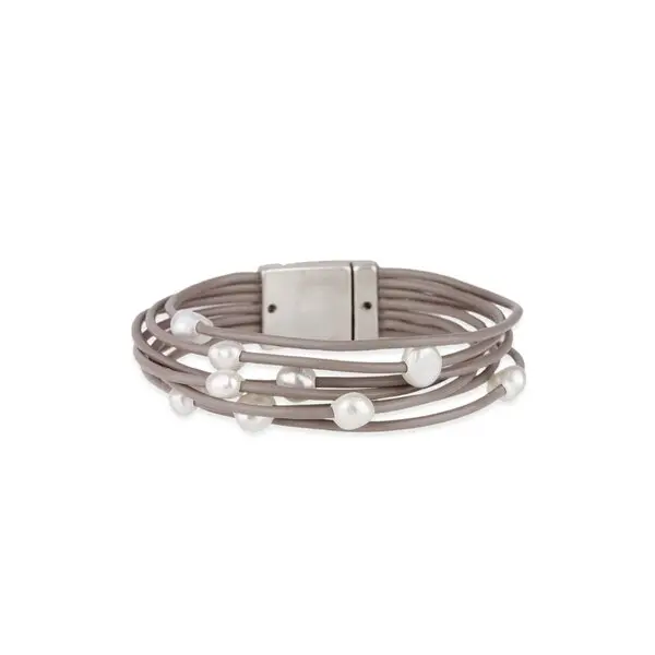 Saachi Multi Strand Leather And Pearl Bracelet - Grey