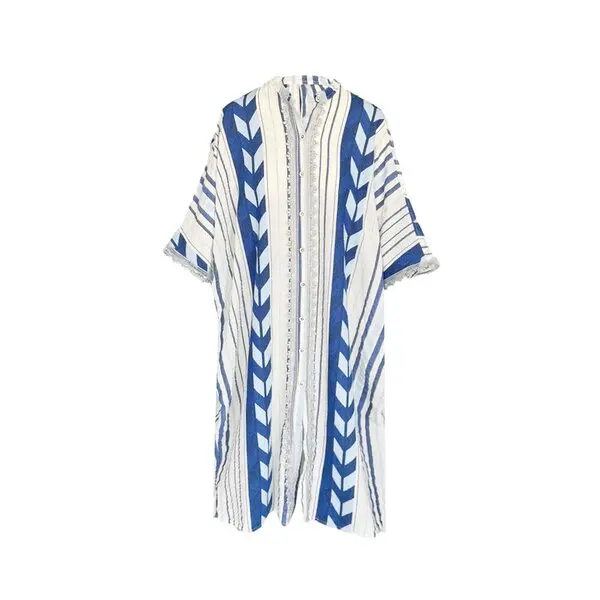Haris Cotton Embroidered Cotton Kaftan With Lace Inserts - White/blue