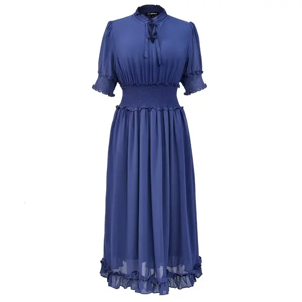 SMART AND JOY Chiffon Dress With Smocked Details And Ruffles - Blue