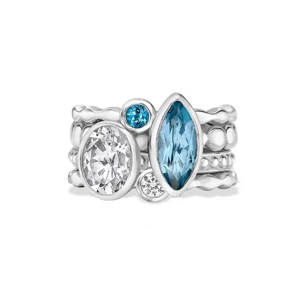 DOWER & HALL Serenity Twinkle Ring Stack With Aquamarine And Topaz In Sterling - Silver