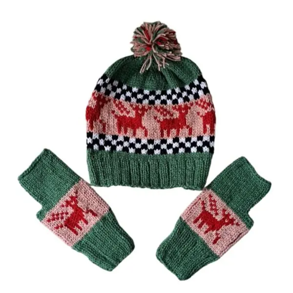 SPRINGMOONATELIER Handmade Knitted Wool Hat And Fingerless Glove Set - Green/pink