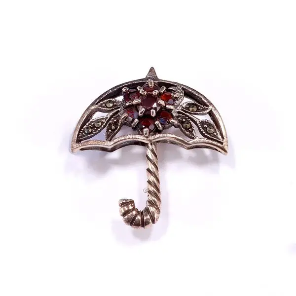 MINERALGEMS ✩ STUDIO Vintage Umbrella Brooch With Garnet And Marcasite - Silver/brown/red