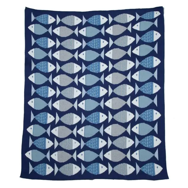 In2green Cotton Sustainable Knit Throw Blanket Coastal Big Fish - Blue