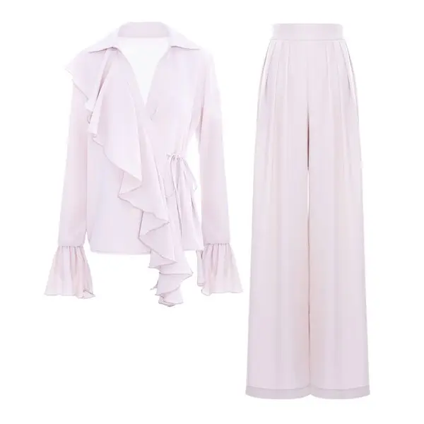 BLUZAT Ruffled Wrap Blouse With Wide Leg Trousers