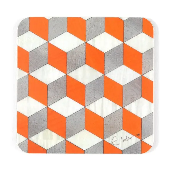 E. INDER DESIGNS White / Grey / Orange Six Coaster Set In Orange White & Pale Grey Geometric Design