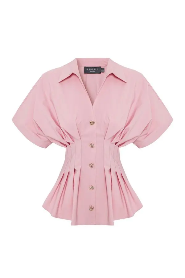 EXQUISE Pleated Corset-inspired Button-up Blouse