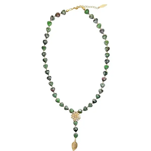 FARRA Heart Shaped Zoisite And Daisy Flower Necklace - Green