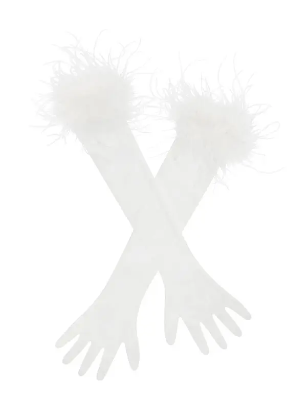 MISS CIRCLE NEW YORK Opera-length Gloves With Feather Trim - White