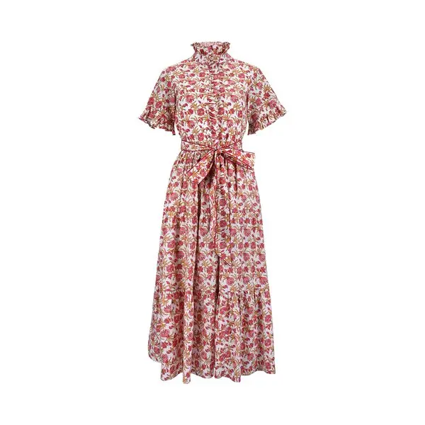ECHO OF PINK Sofia Hand Block Print Cotton Dress - Gold/pink