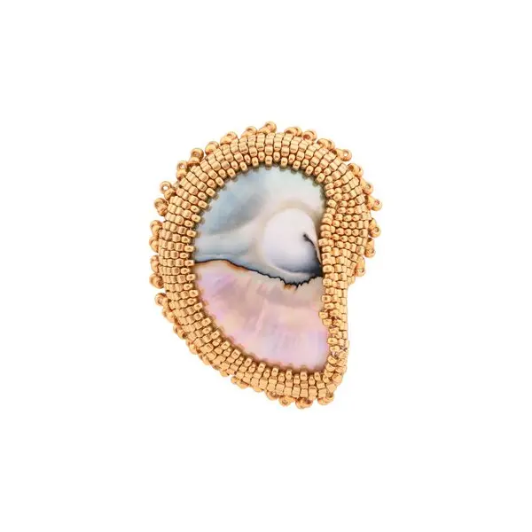 OANASAVU.CREATIONS Hand Beaded Nautilus Shell Brooch - Gold/silver/blue