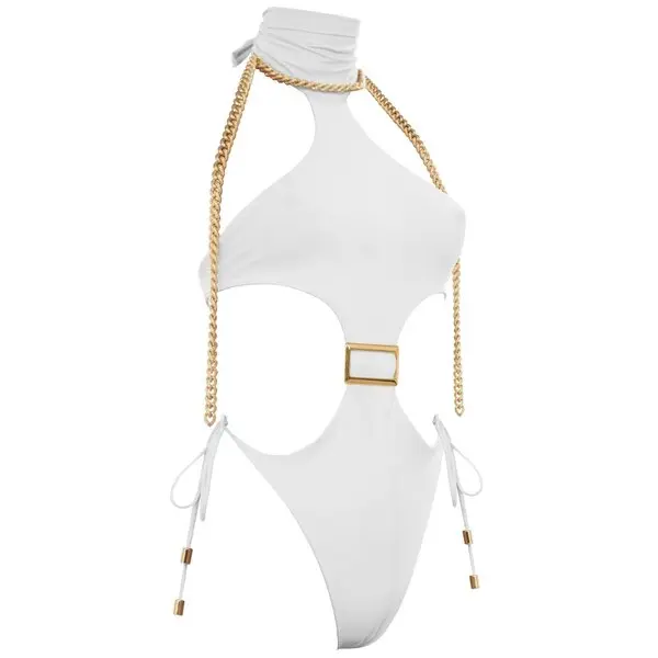 ANTONINIAS Opulent Seamless One-piece Swimsuit With Golden Chain - White
