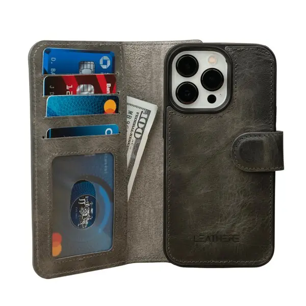 LEATHERE Iphone Onaltı Series Leather Wallet Case New York - Grey